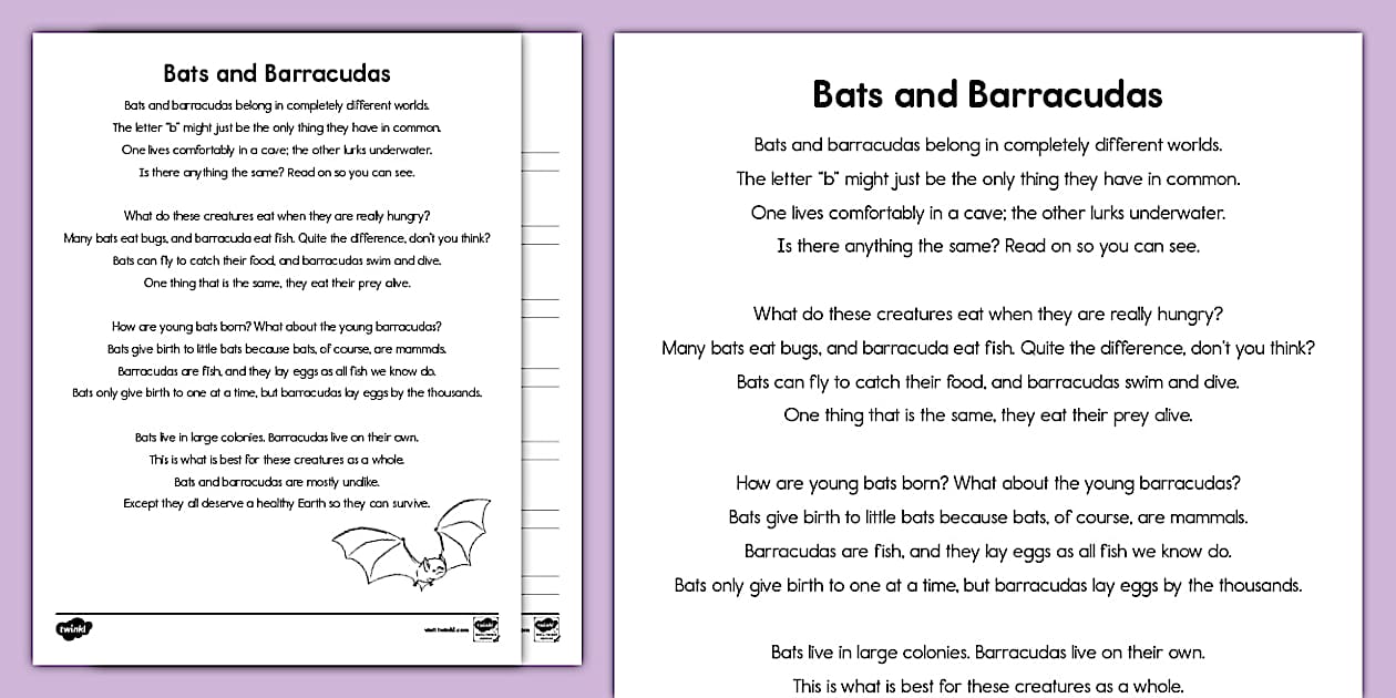 Second Grade Poetry Comprehension: Bats and Barracudas