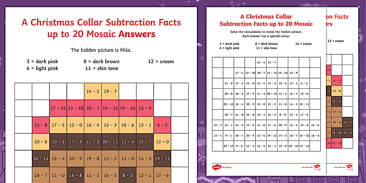 A Christmas Collar Subtraction Facts up to 20 Maths Mosaic Worksheet