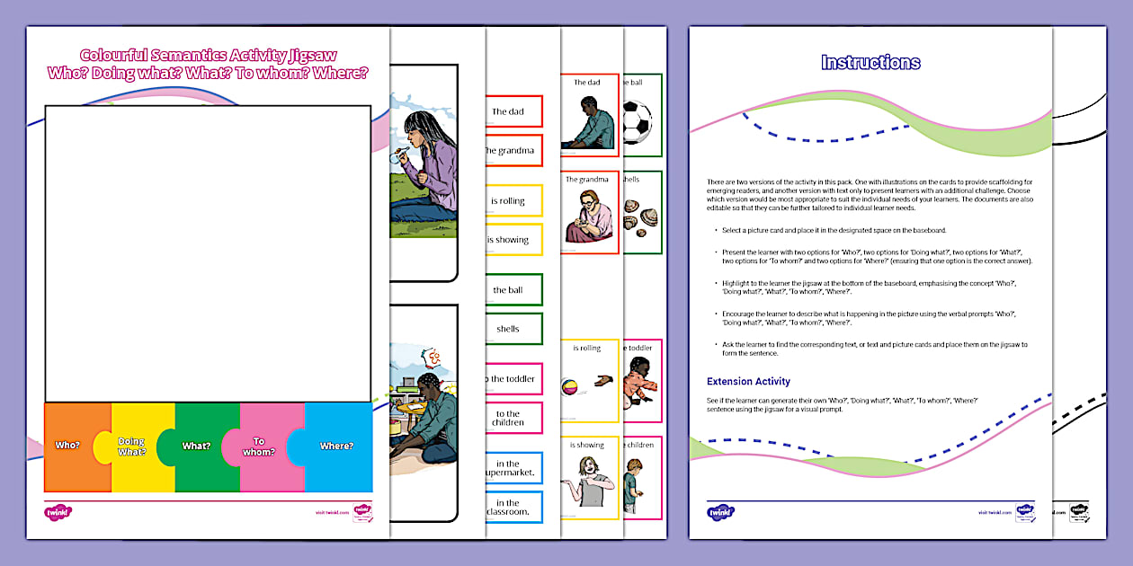Colourful Semantics Activity Jigsaw Who? Doing what? What? To whom? Where?