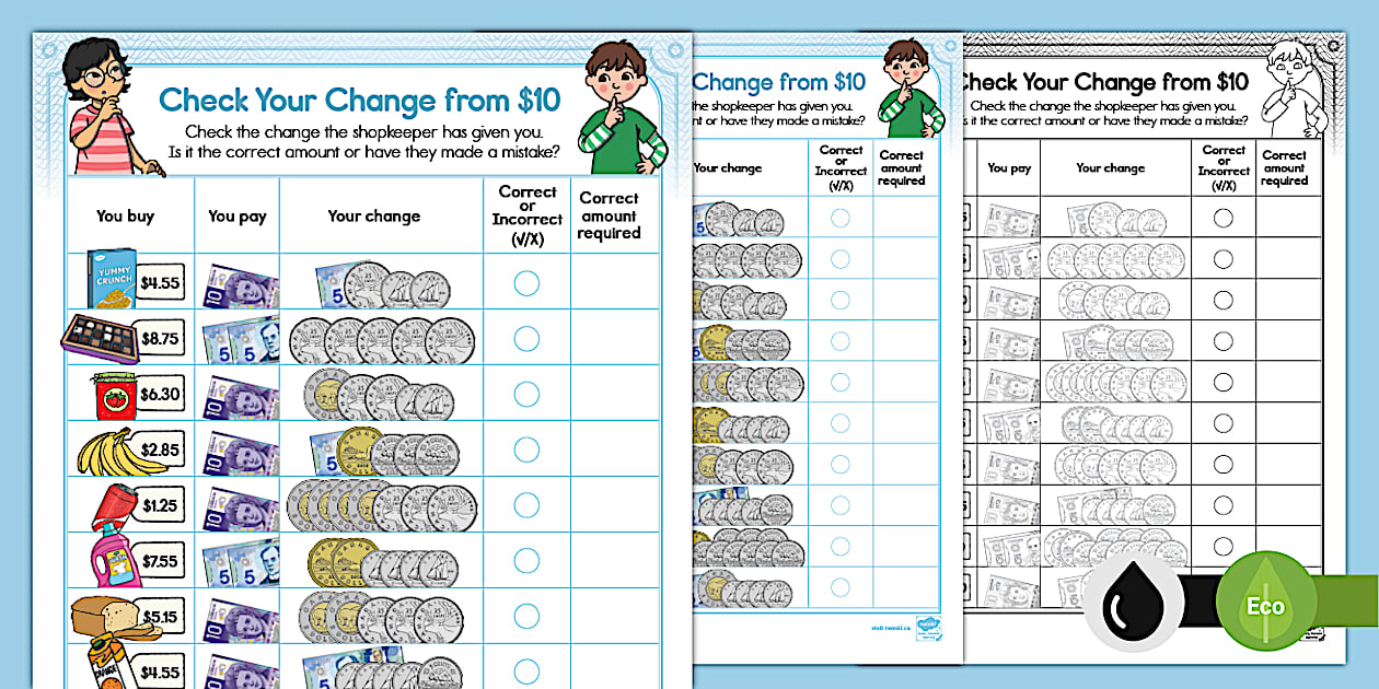 Change from 10 Worksheet – Canadian Money Activity