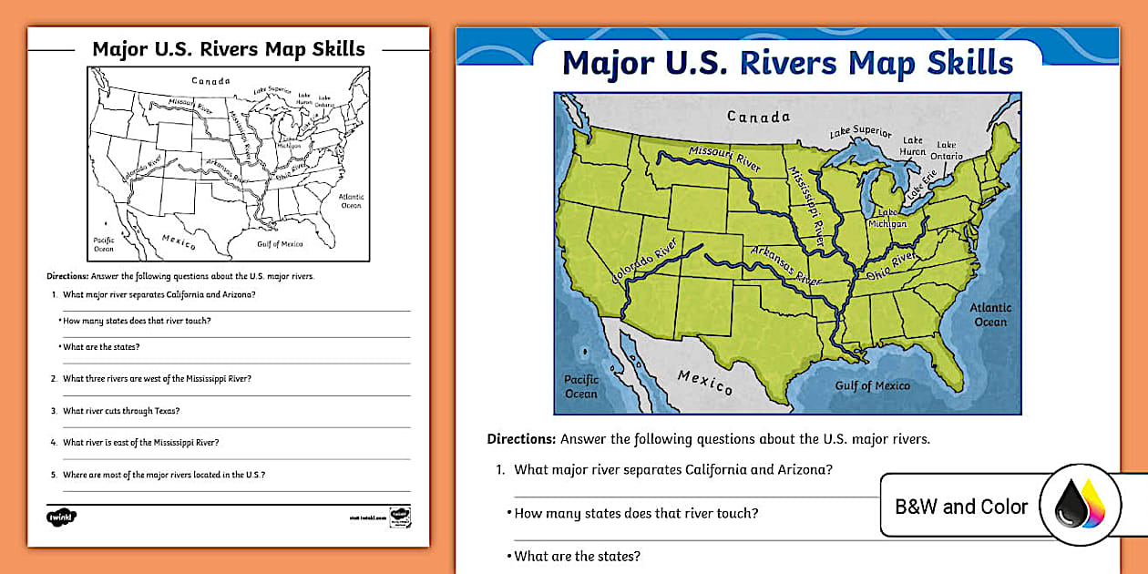 Fifth Grade Major U.S. Rivers Map Skills Worksheet - Twinkl