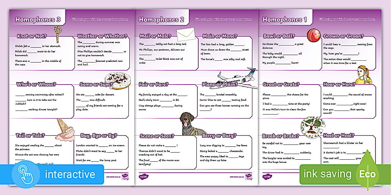 Homophones Worksheets for NAPLAN Preparation