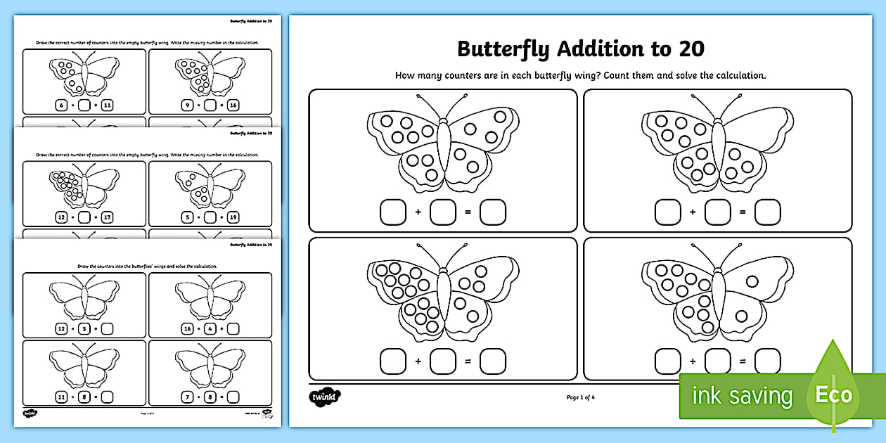 Butterfly Addition to 20 Worksheets (teacher made) - Twinkl