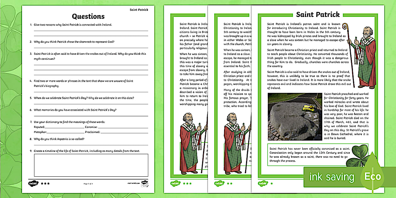 St. Patrick Reading Comprehension | Differentiated Worksheet