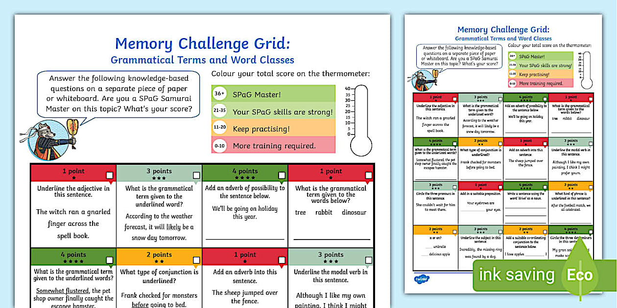 Year 6 SPaG Retrieval Working Memory Challenge Grid: Grammatical Terms ...