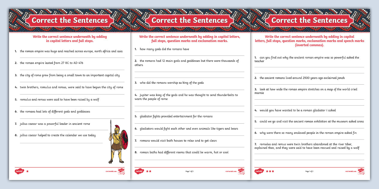 Correct the Sentences - The Romans Activity Sheet - Twinkl