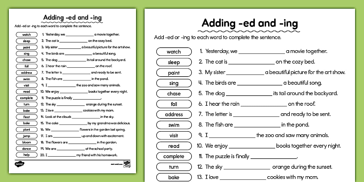 Adding -ed and -ing Worksheet for K-2nd Grade - Twinkl