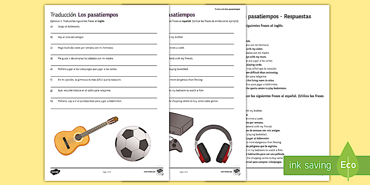 Hobbies Translation Worksheet / Worksheet Spanish - Twinkl