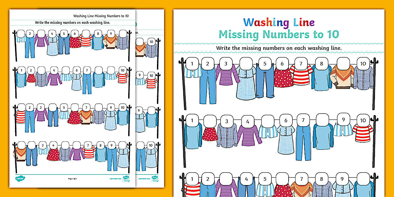 Washing Line Missing Number to 10 Worksheets - KS1 - Twinkl
