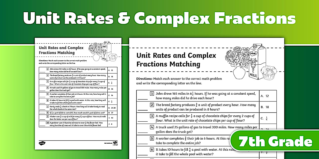 Seventh Gr Math Unit Rates and Complex Fractions Matching