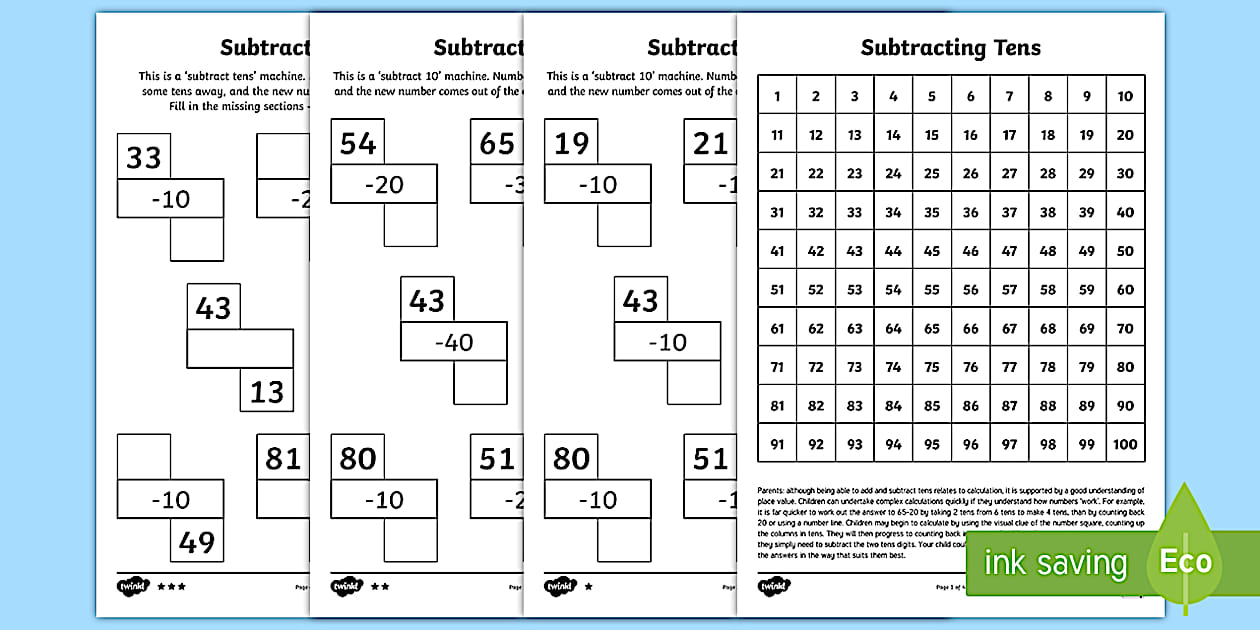 Subtracting Tens Worksheet / Worksheets (teacher made)