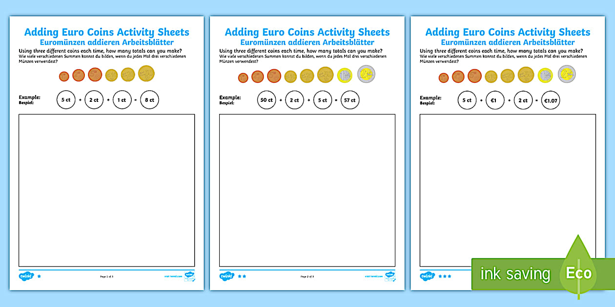 Adding Euro Coins Worksheet - English & German Resource