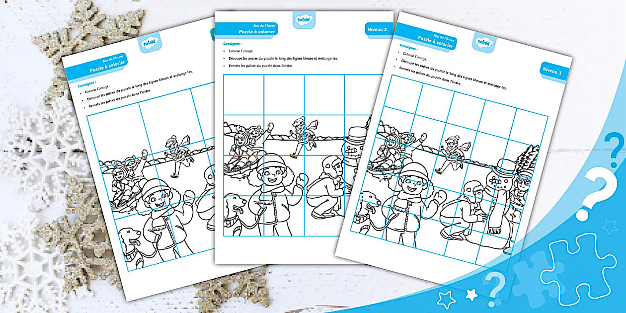 Puzzles à colorier sur l'hiver - 3 niveaux de difficulté