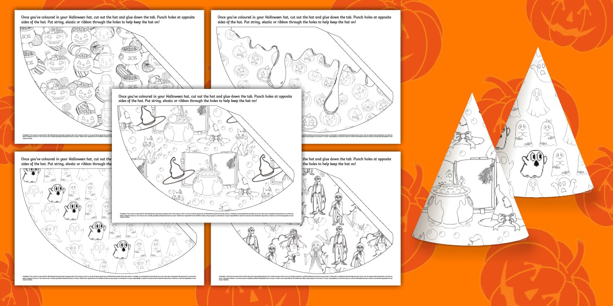 Halloween Colouring Party Hats - Twinkl Halloween - Twinkl