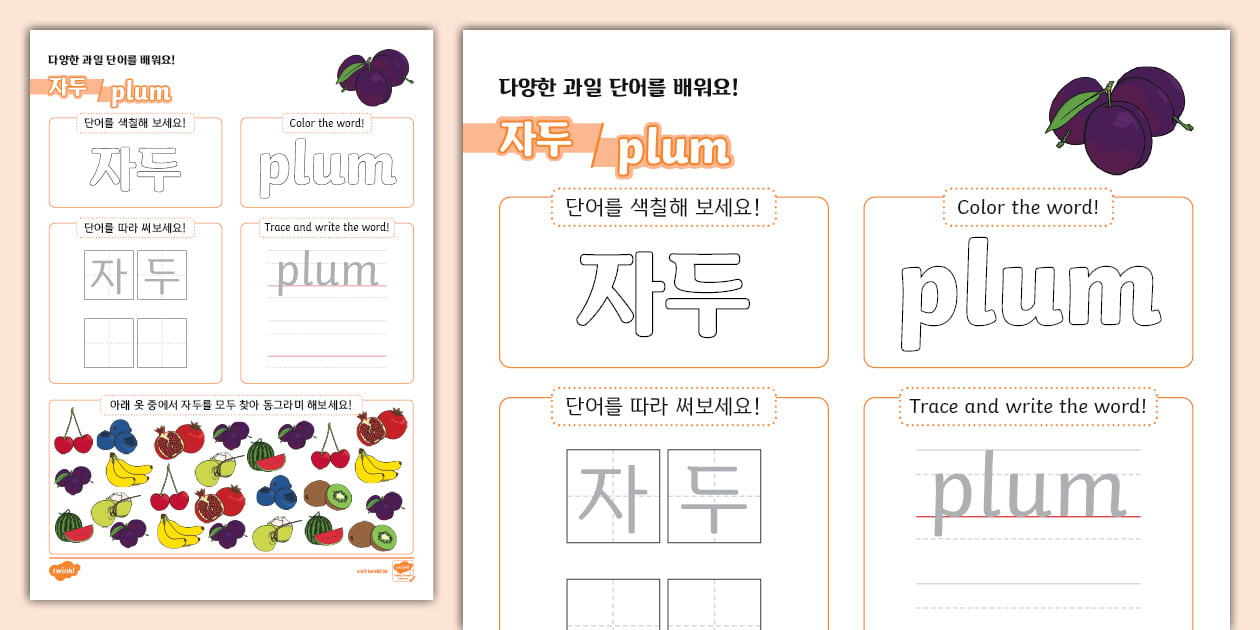 한글과 영어 동시에 완성하기 | 과일 | 자두 | Fruits Plum Tracing Activity (Korean & English)