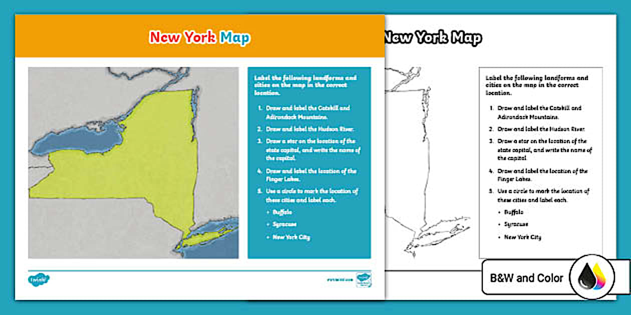New York Map Labeling Worksheet (teacher made) - Twinkl