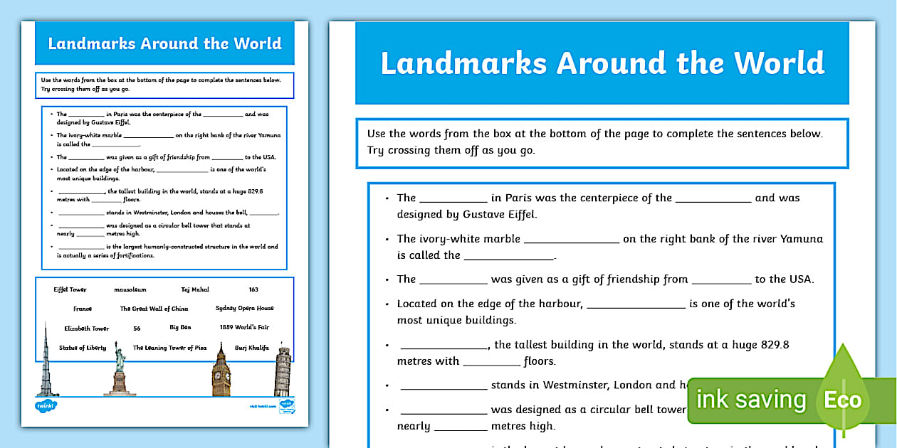 Landmarks Around the World Missing Word Sentences - Twinkl
