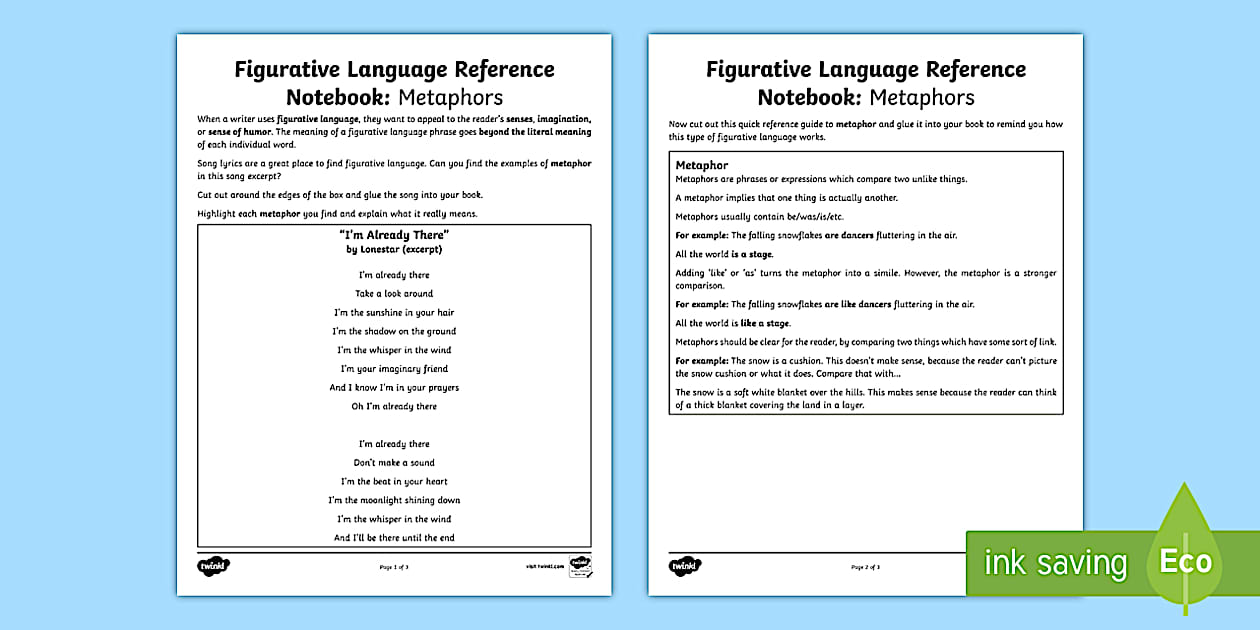 Figurative Language Reference Notebook: Metaphors Worksheet for 3rd-5th Grade
