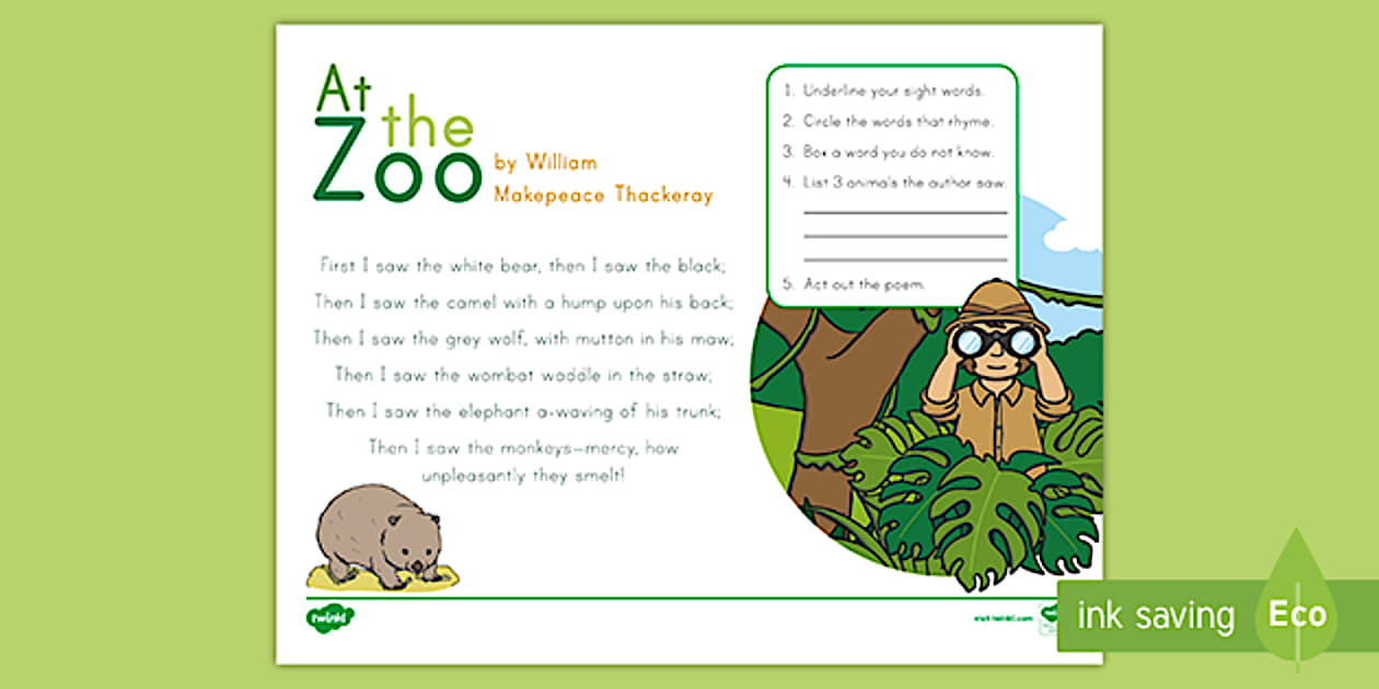 At the Zoo Poem Comprehension Activity Worksheet - Twinkl