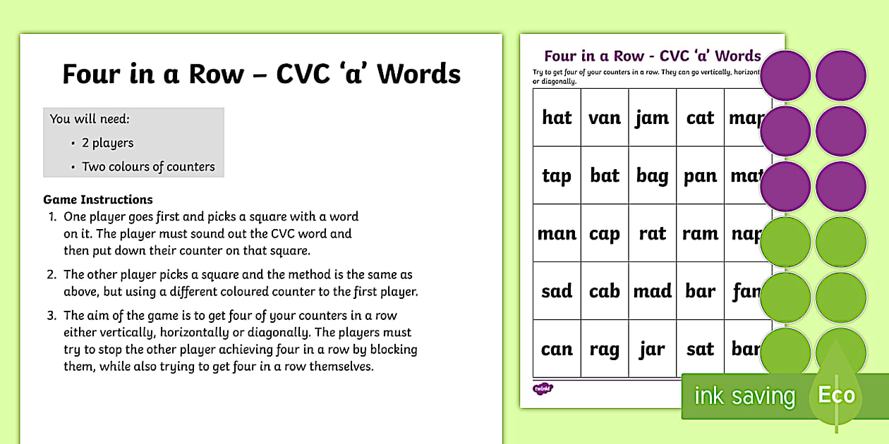 Editable Four in a Row CVC 'a' Words Game - Twinkl
