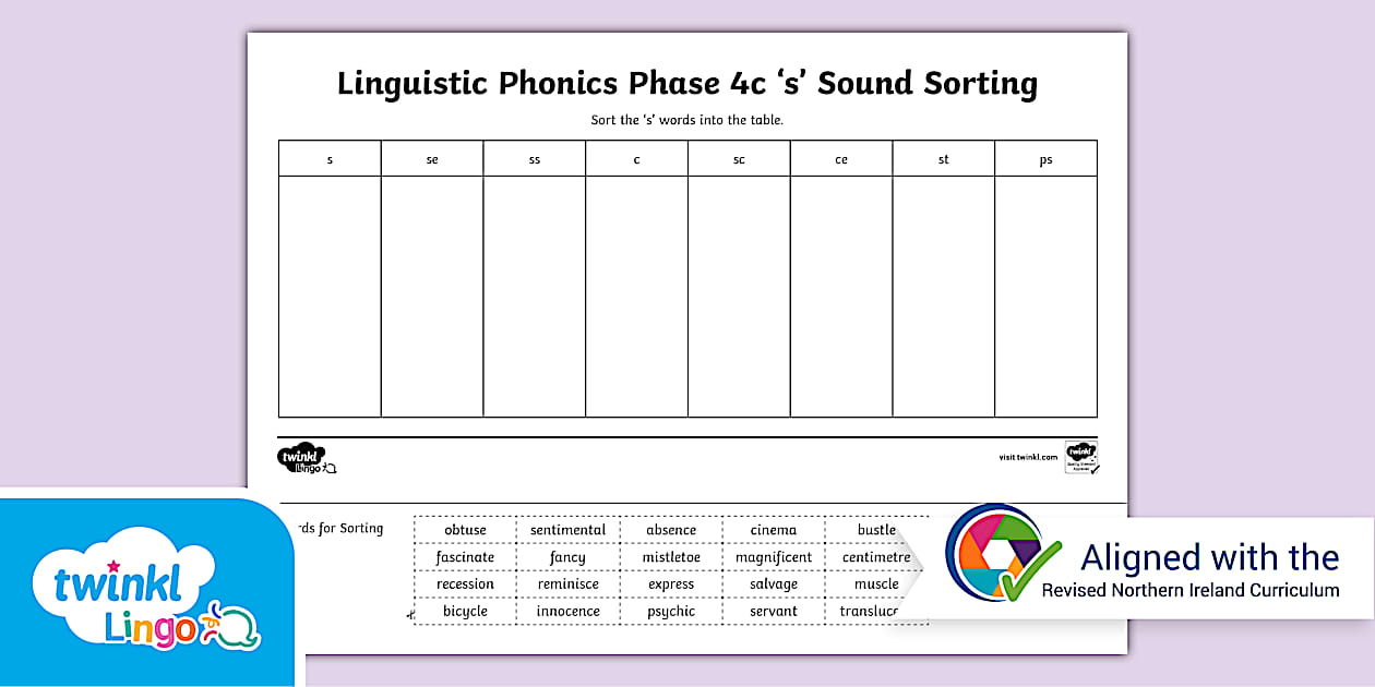 Linguistic Phonics Phase 4c 's' Sound Sorting Worksheet