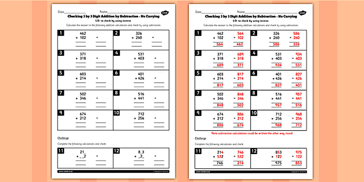 Year 3 Inverse Checking 3 Digit by 3 Digit Addition by Subtraction (No