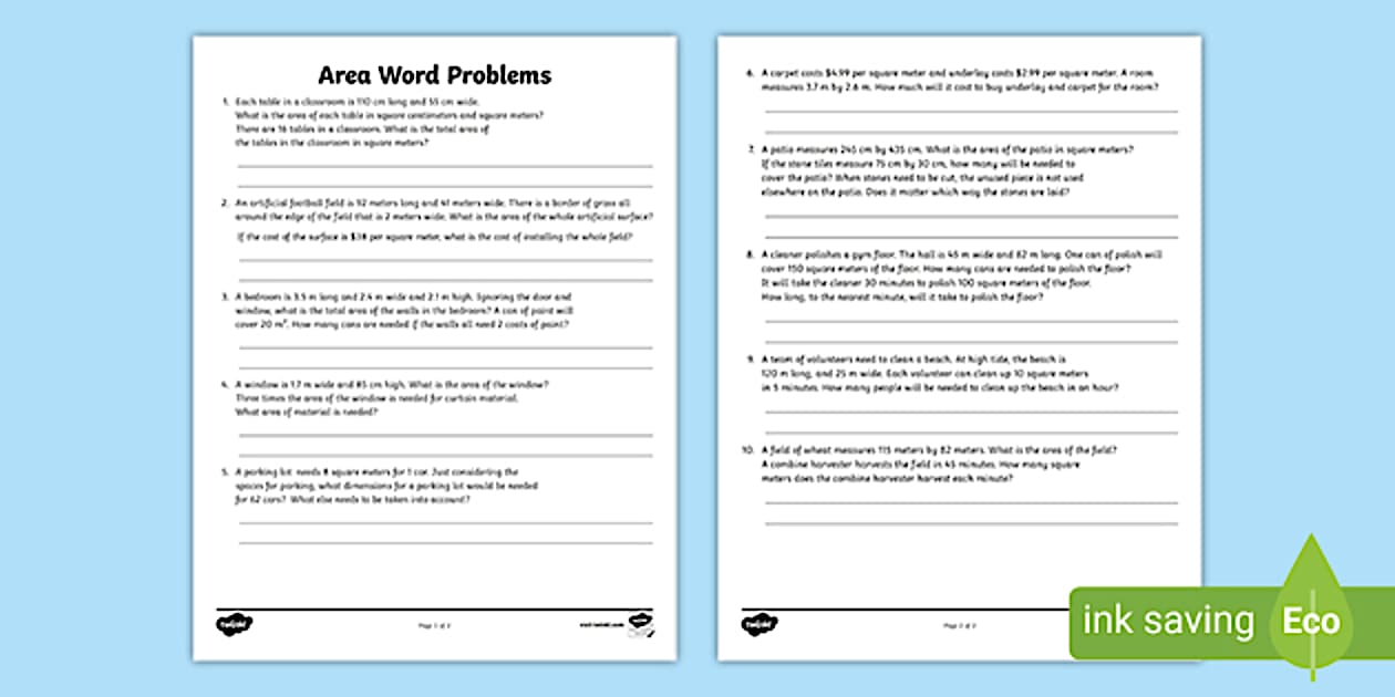 Area Word Problems Math Worksheet (teacher made) - Twinkl