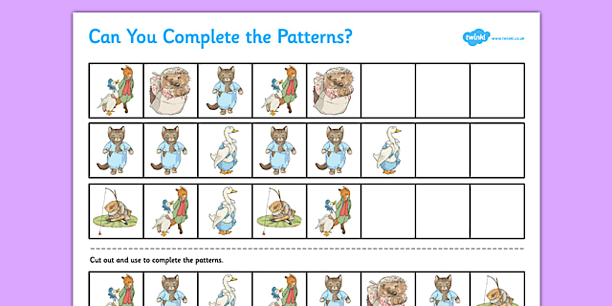 Beatrix Potter Complete the Pattern Worksheet - Twinkl
