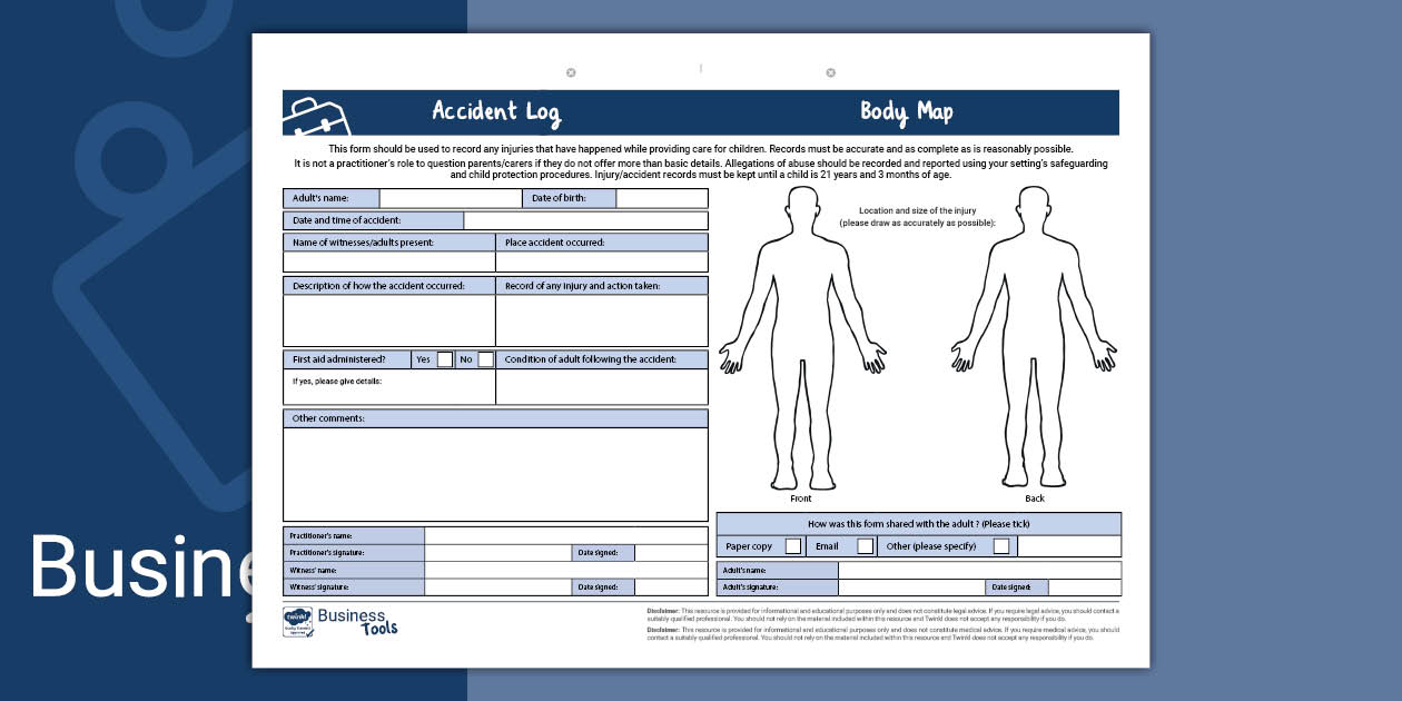 Accident Log with Body Map for Adults in Private Childcare Settings