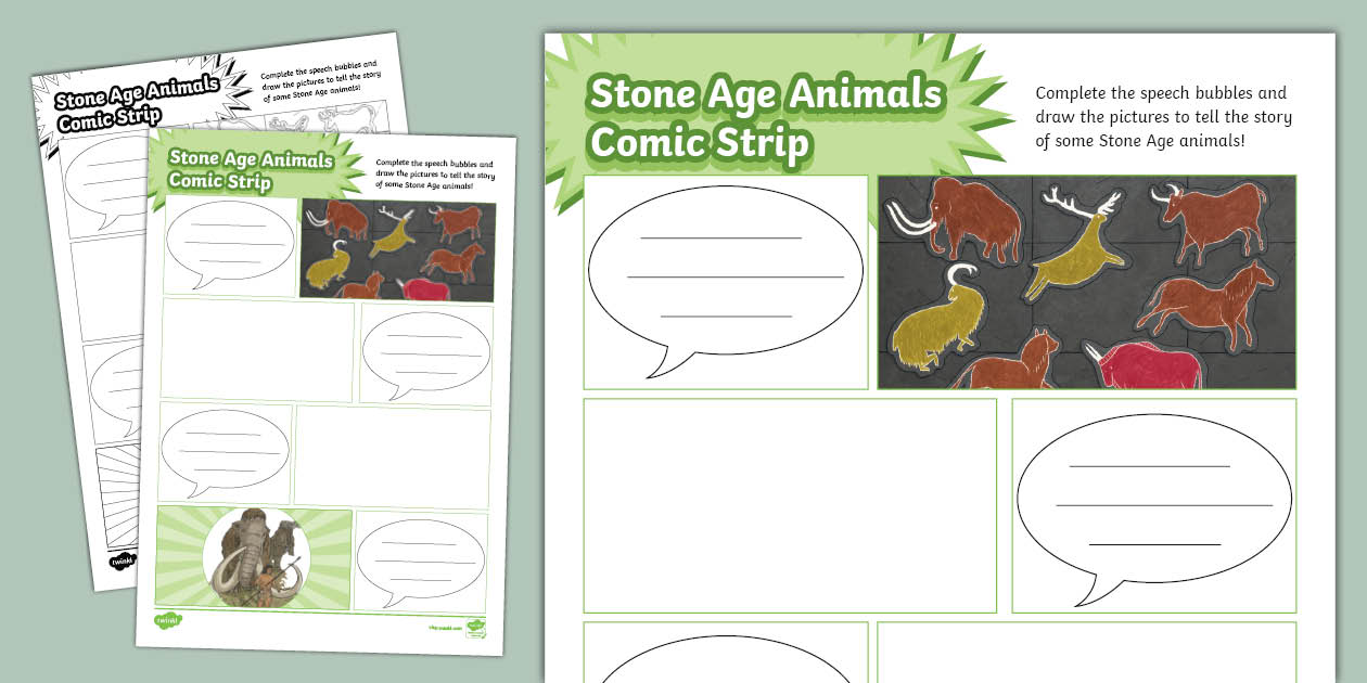 Stone Age Animals Finish the Comic Strip Worksheet - Twinkl