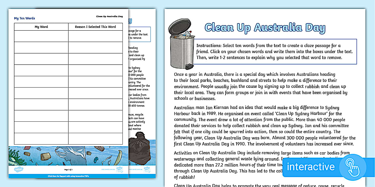 Clean up Australia Day Reverse Cloze Passage - Twinkl