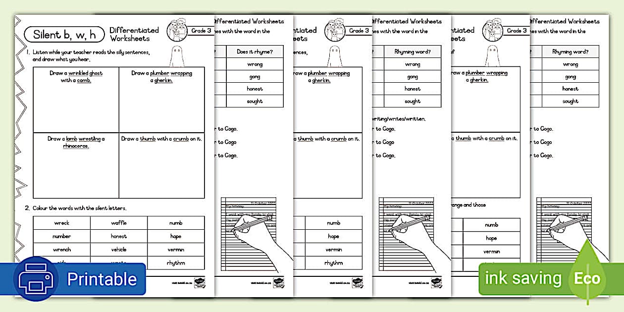 Grade 3 Phonics: Silent b, w, and h: Differentiated Worksheets