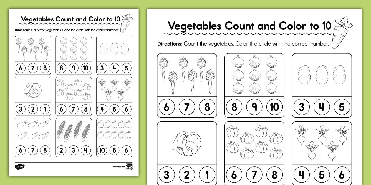 Early Childhood Vegetables Count and Color to 10 Worksheet