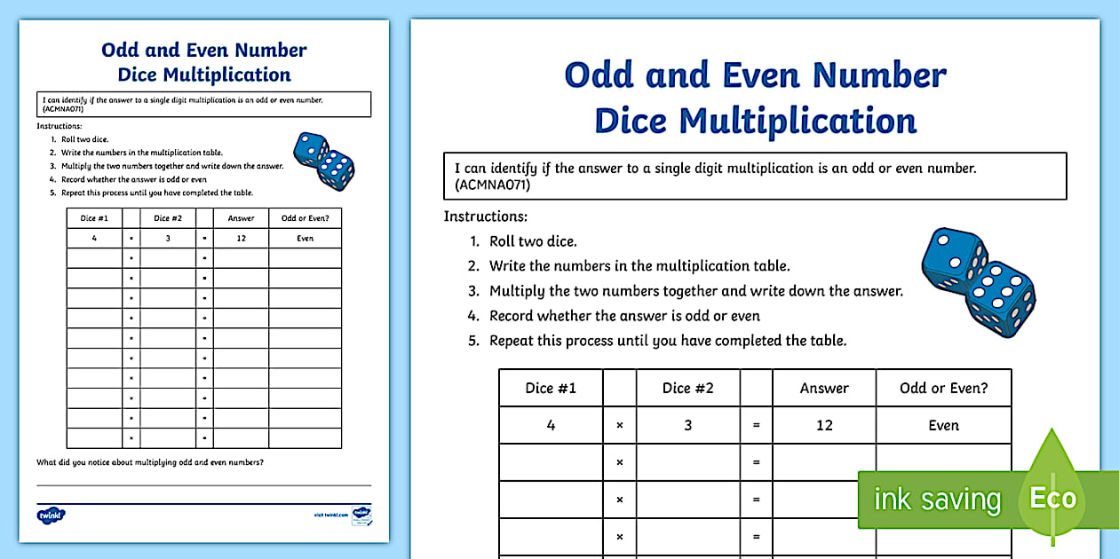 Odd and Even Number Dice Multiplication Worksheet / Worksheet