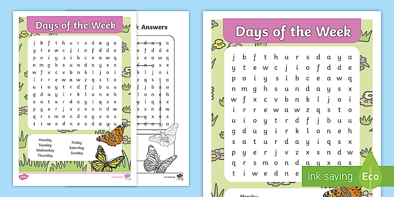 Days of the Week Wordsearch | Days of the Week Word Search Easy