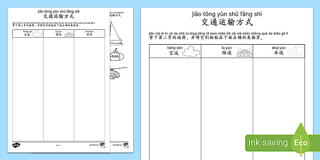 *Chinese with Pinyin Modes of Transportation Worksheet