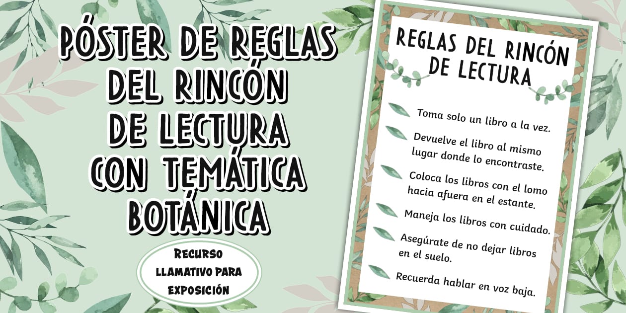 Póster: Reglas del rincón de lectura con temática botánica