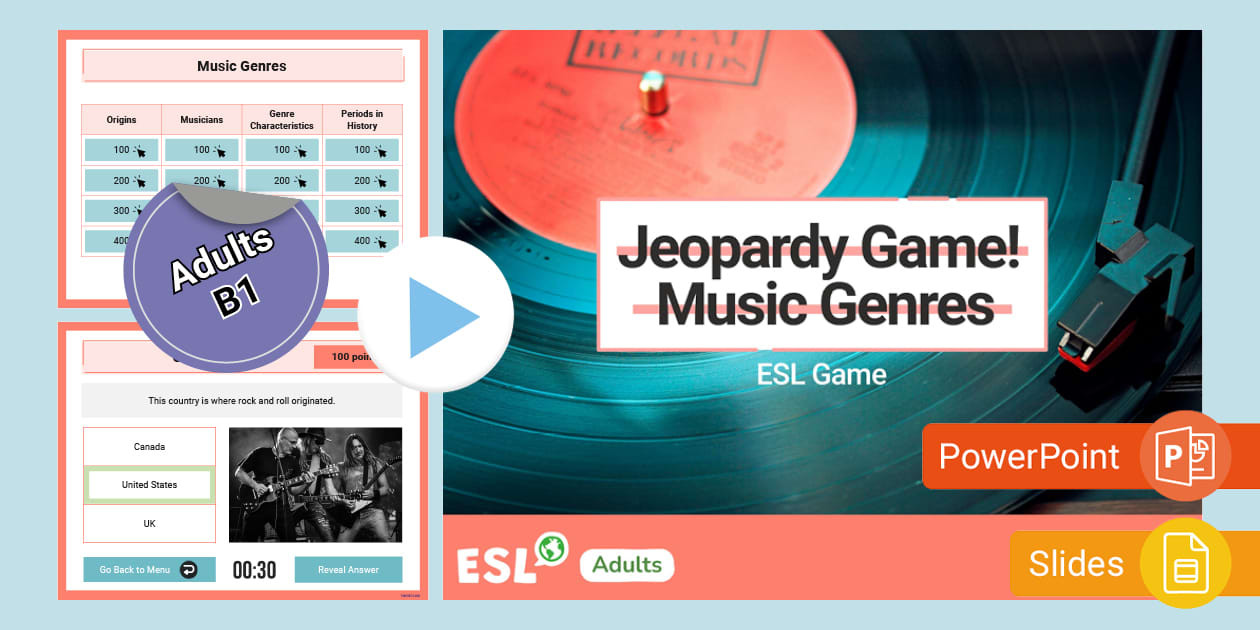 ESL Jeopardy Game! Music Genres [Adults, B1] - Twinkl