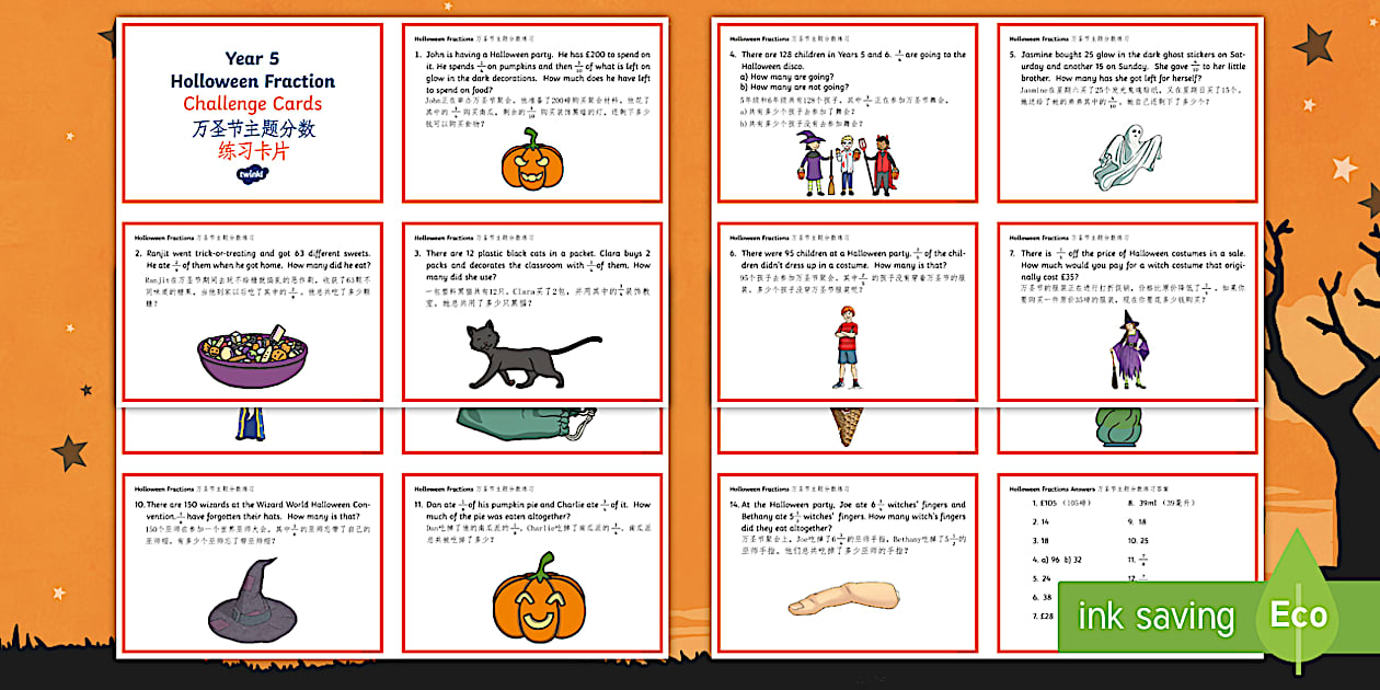 Year 5 Halloween Fractions Maths Challenge Cards English/Mandarin Chinese