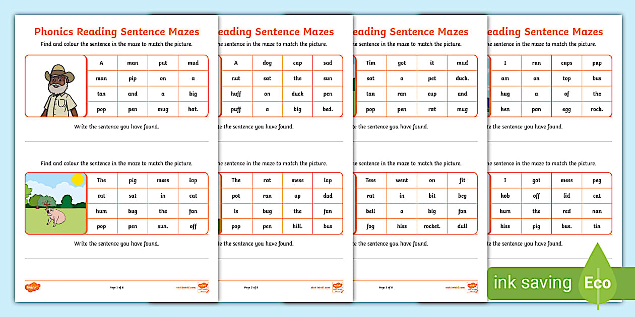Phase 2 Phonics Reading Sentence Mazes
