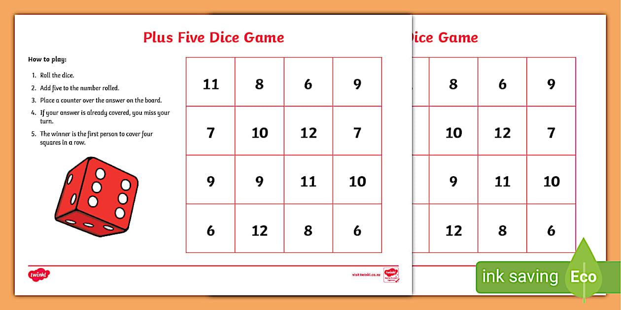 Plus Five Dice Game (Teacher-Made) - Twinkl