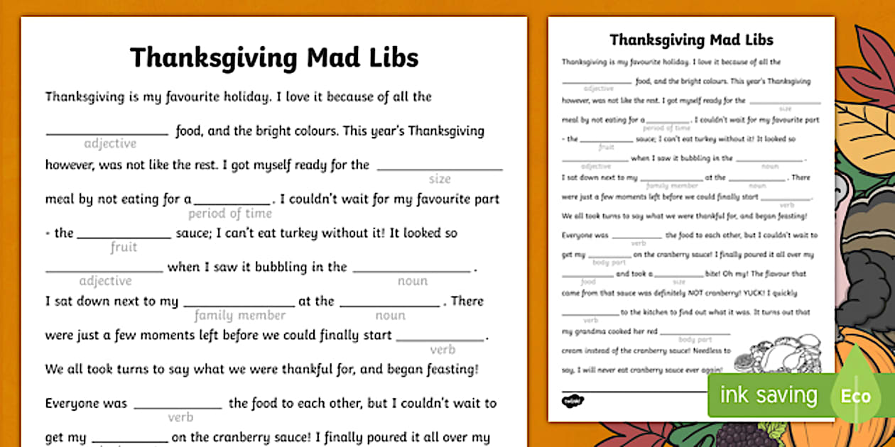 Thanksgiving Mad Libs Worksheet / Worksheet - Twinkl
