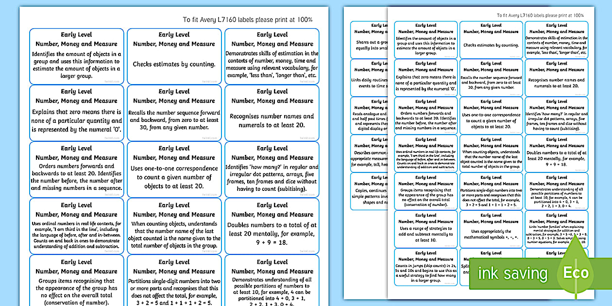 CfE Early Level Number, Money and Measure Benchmark Assessment Stickers