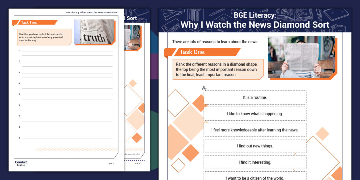 BGE Literacy: Why I Watch the News Diamond Sort - Twinkl