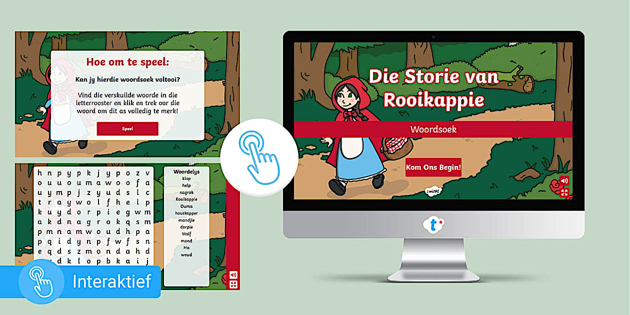 Die Storie van Rooikappie. Interaktiewe Woordsoek Speletjie.
