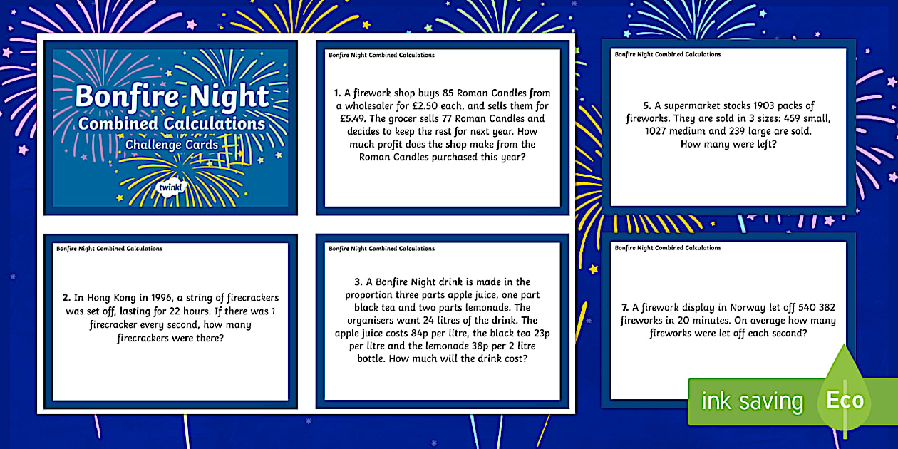 UKS2 Combined Calculations Bonfire Night Maths Challenge Cards