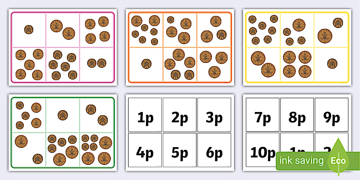 Money Bingo to 10p Using 1p and 2p Coins (teacher made)
