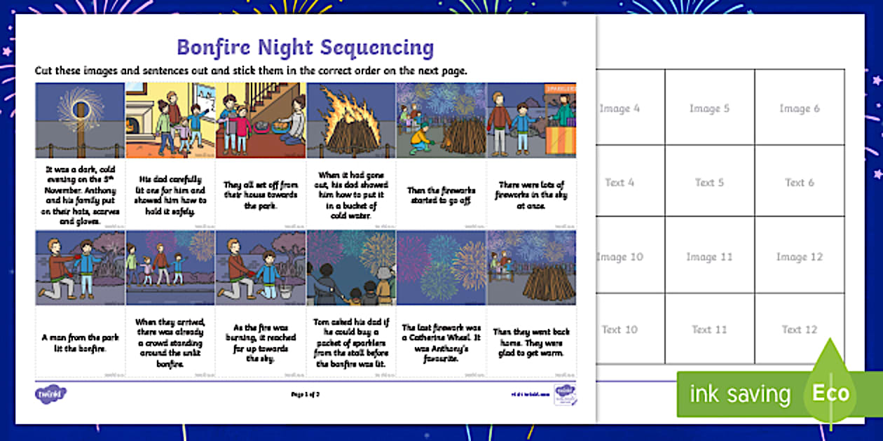 KS1 Bonfire Night Sequencing Worksheet / Worksheet - Twinkl