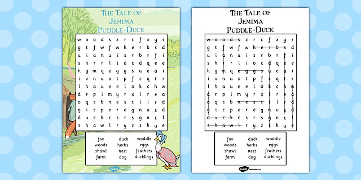 Black and White The Tale of Jemima Puddle-Duck Word Search (Beatrix Potter)