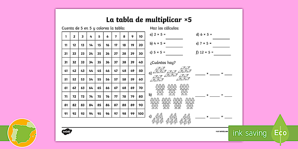 Ficha de actividad: La tabla de multiplicar x5 - Twinkl